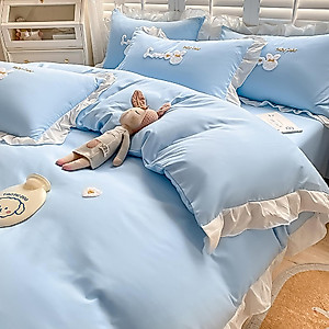 Lace Duvet Cover Set Queen, Soft Breathable Washed Cotton 4 Piece Bedding Set, Cute Princess Style Towel Embroidery Bed Sheets Set, with Zipper Closure,Yellow 3,Twin XL