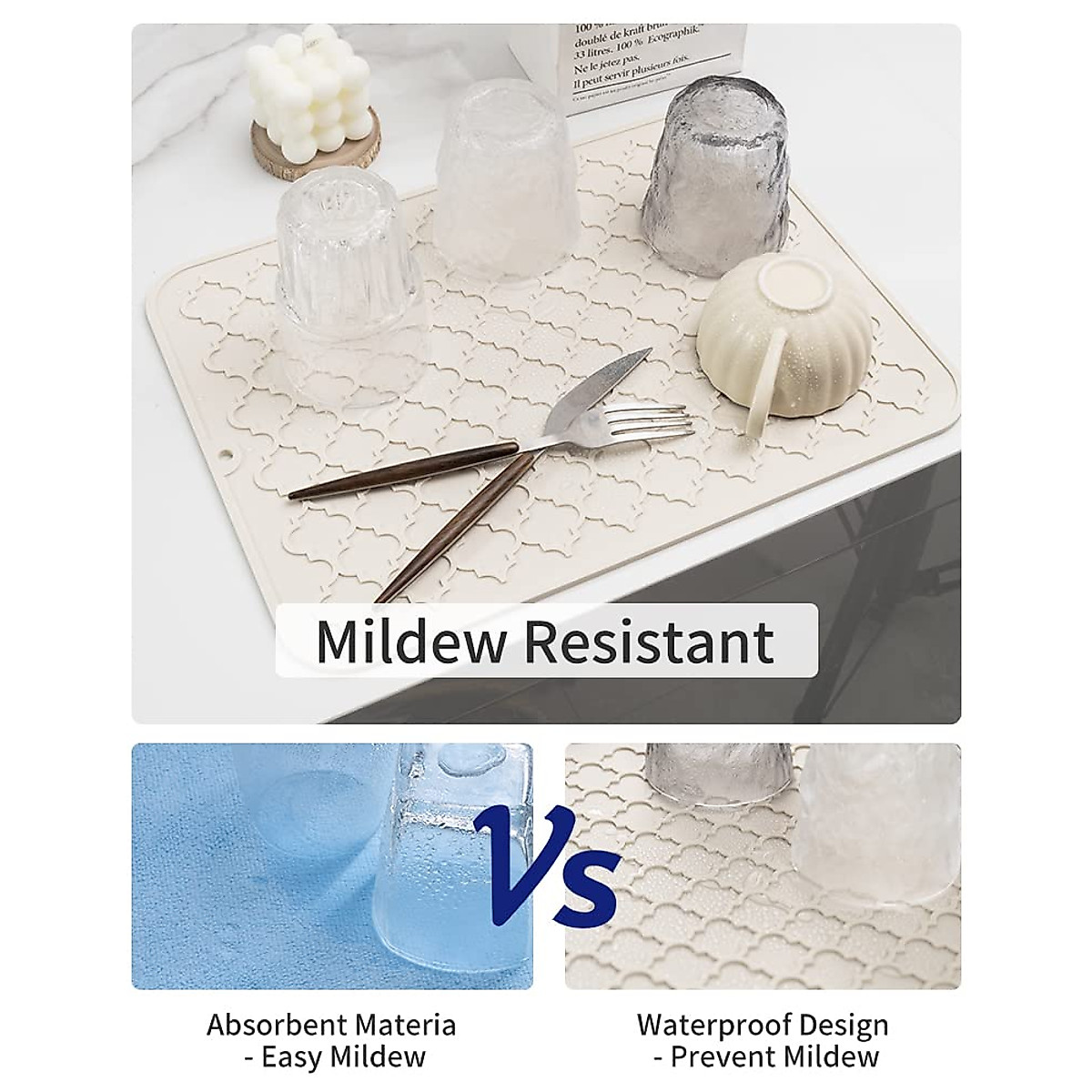 AMOAMI-Dish Drying Mats for Kitchen Counter-Silicone Dish Drying Mat-Kitchen Dish Drying Pad Heat Resistant Mat-Kitchen Gadgets Kitchen Accessories Kitchen Small Appliances (16" x 18, BEIGE)