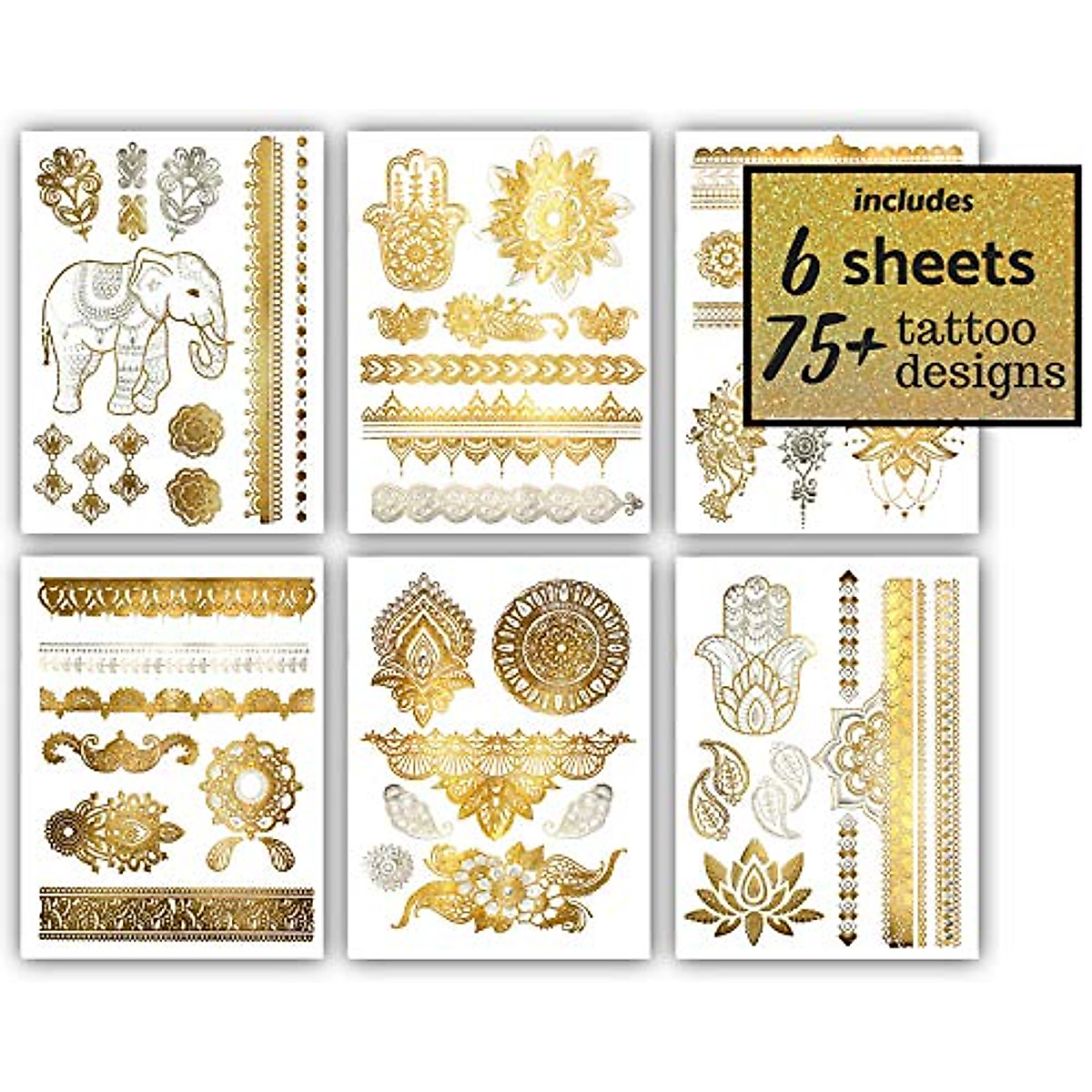 Terra Tattoos Gold Metallic Temporary Tats Geometric Henna Designs Waterproof Nontoxic Long Lasting Perfect for Beach, Festivals, & more! (Maya)