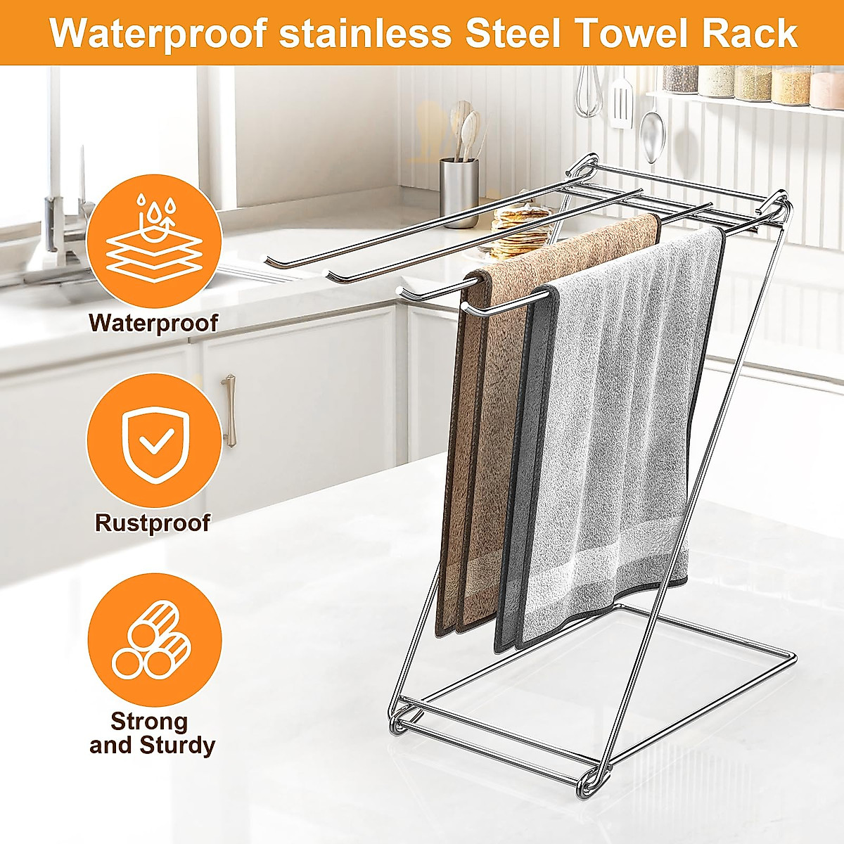 Kitchen Towel Holder Stand, 4-Arm Dish Towel Holder Countertop Hand Towel Holder for Bathroom, Free Standing Hand Towel Stand Washcloth Dish Cloth Drying Rack, Z-Shaped Folding Hanging Towel Bar Stand