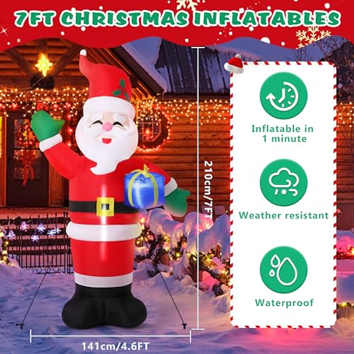 QUUREN 7FT Christmas Inflatables Santa Decoration Blow Up Santa Claus Indoor/Outdoor Decoration with Gift Box Built-in LED Light Waterproof Xmas Inflatables Yard Decor for Home Garden Holiday Party