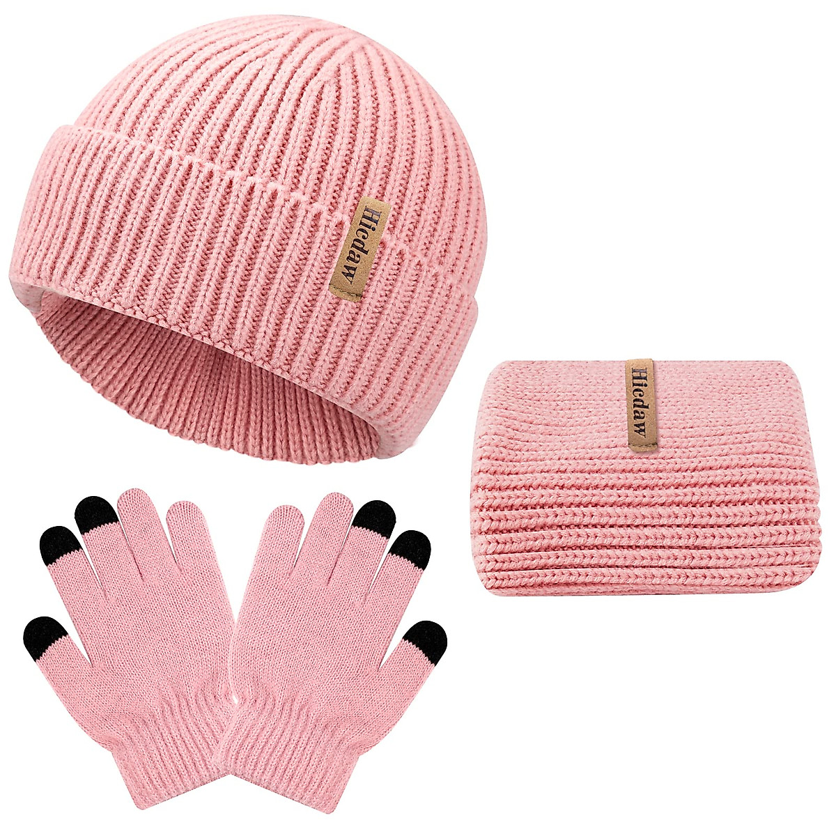 Hicdaw 3PCS Kids Winter Hat Glove Scarf Sets, Toddler Gloves Neck Warmer Baby Winter Hat Toddler Gloves Scarf Set for Boys Girls, Pink