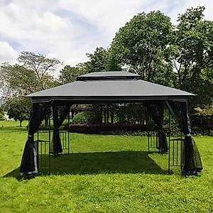JINS&VICO 13x10 ft Gazebo Double Roof Canopy with Netting and Shaded Curtains, Outdoor Gazebo 2-Tier Hardtop Galvanized Iron Aluminum Frame Garden Tent for Patio, Backyard, Deck and Lawns, Gray