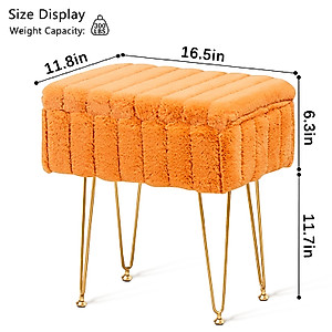 Wimarsbon Faux Mink Fur Storage Ottoman, Modern Soft Footstool, Storage Bench with Metal Legs, Vanity Seat, Fur Stool, Ottoman Coffee Table, Makeup Chair, Vanity Stools for Bedroom (Orange)