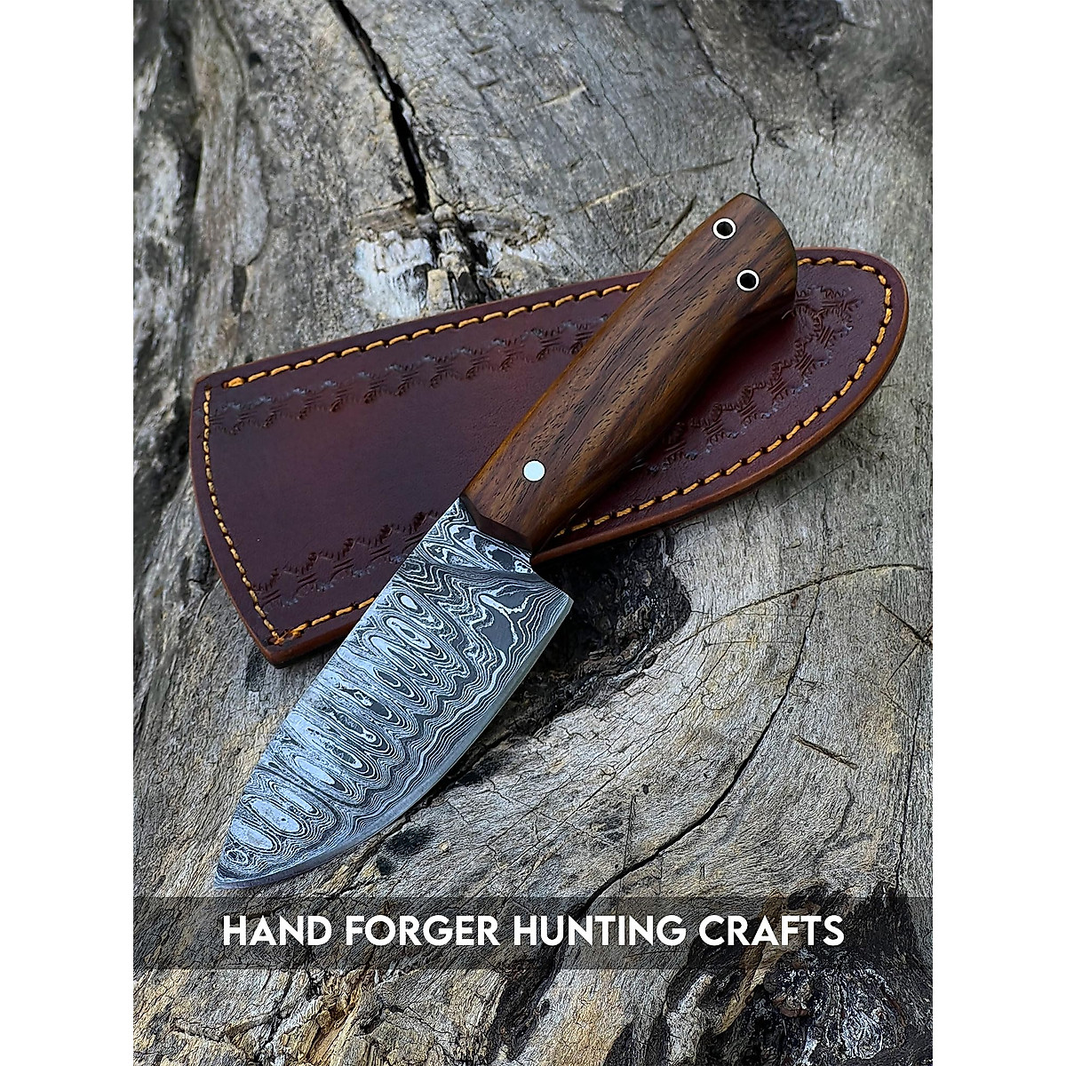 Hand Forger Hunting Crafts 10" Damascus Steel Gut Hook Full Tang Fixed Blade Hunting Knife with Sheath - Stag Horn Antler Handle (Rose Wood)