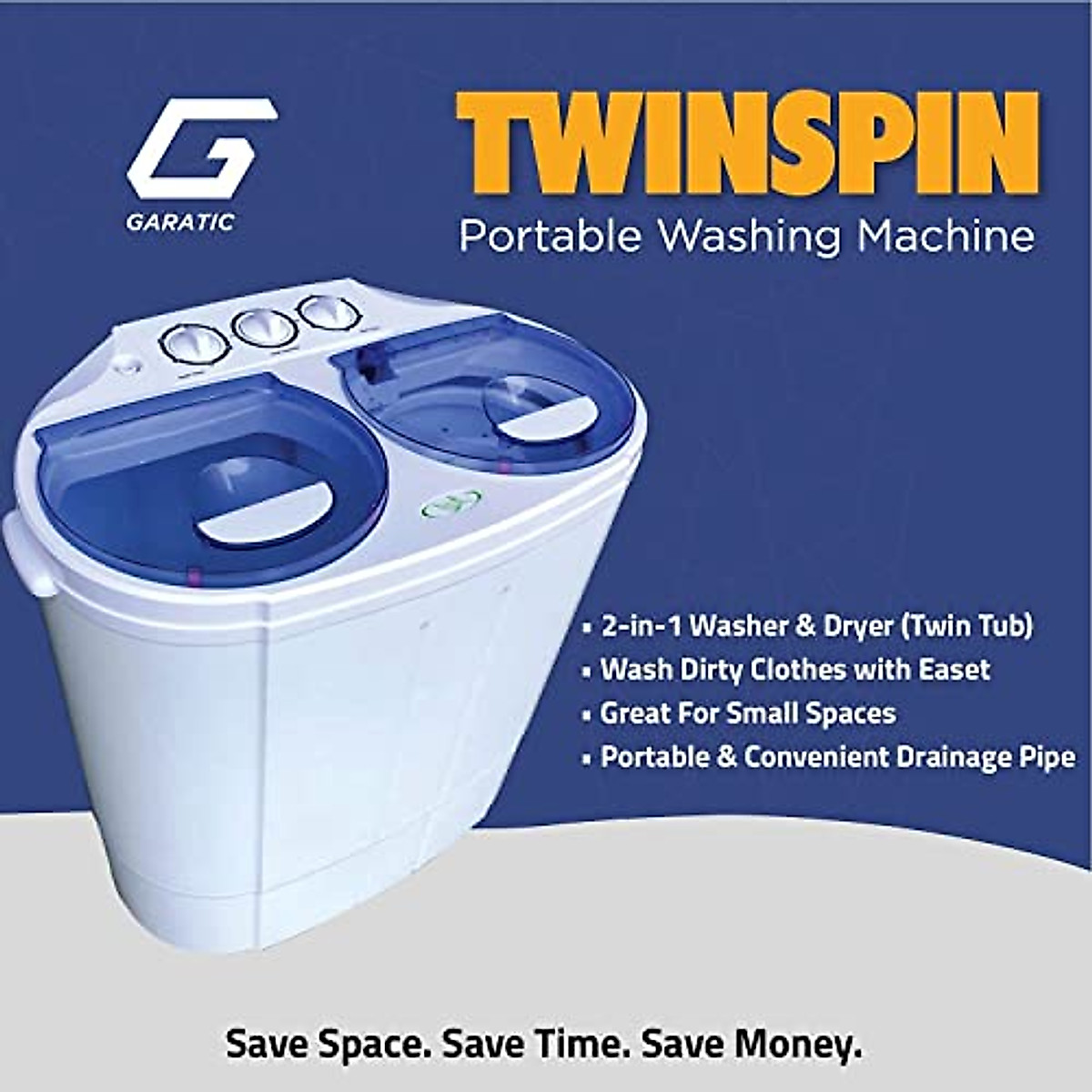 Garatic Portable Compact Mini Twin Tub Washing Machine w/Wash and Spin Cycle, Built-in Gravity Drain, 13lbs Capacity For Camping, Apartments, Dorms, College Rooms, RV’s, Delicates and more