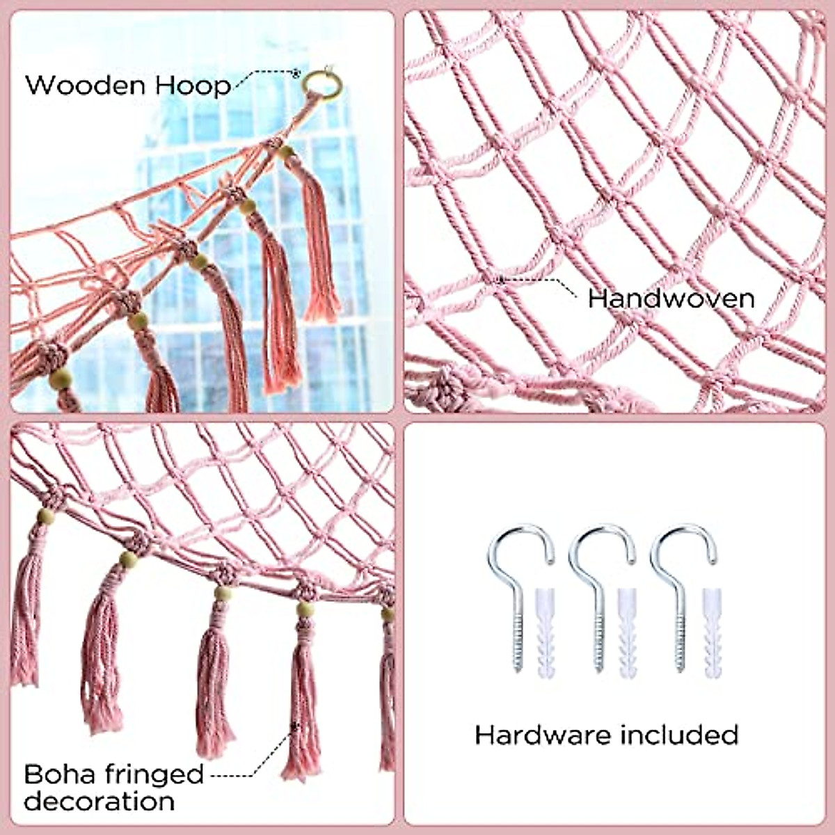 Pink Hammock with Wooden Beads and Fringe Toy Storage, Boho Room Decor, Bedroom Decor, Plush Toy Storage for Kids, Girls Bedroom Storage