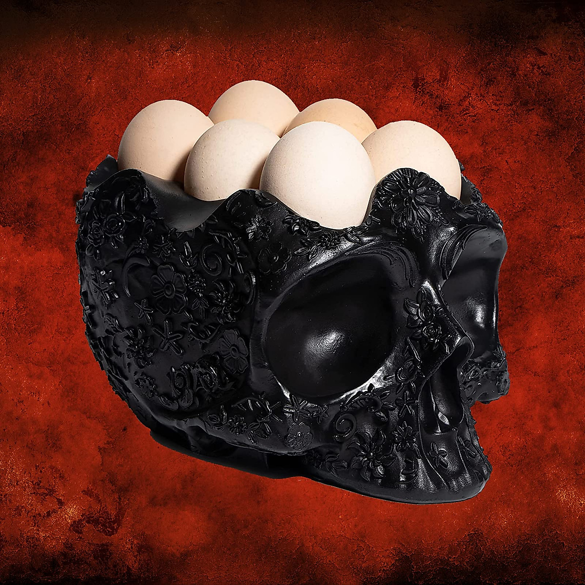 GUTE Skull Egg Holder Container Bowl 6" H Half Dozen Decorative Halloween Egg Keeper Storage Display Organizer Serveware Breakfast Serving for Countertop, Kitchen, Decor Skeleton Trick Or Treat