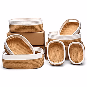 HLWDFLZ 7 Piece Cotton Rope Woven Basket Set - Woven Storage Basket Pets Toy Cotton Rope Basket for Organizing, Small Basket for Montessori, Dog Cat Toy Box, Baby Nursery (White/Jute)