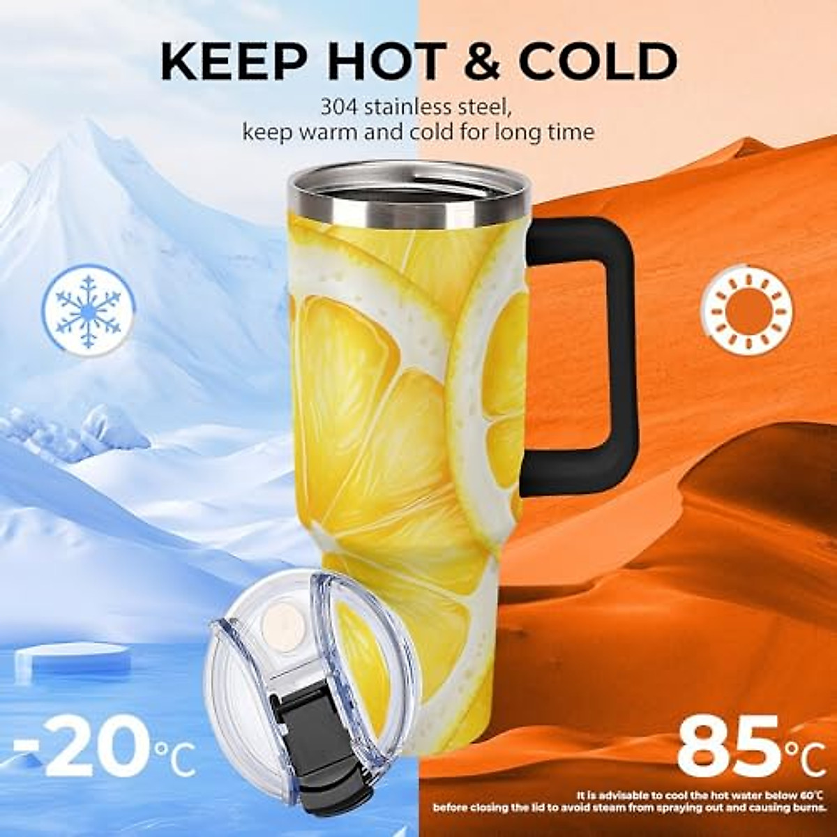 Lemon Slice Pattern 40 Oz Water Bottle, Stainless Steel Tumbler with Handle And Straw, Extra Large Insulated Tumbler, Flip Straw Tumblers for Sports, Work, Car, Travel And Weekends