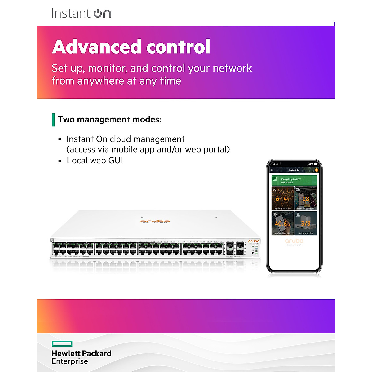 Aruba Instant On 1930 48-Port Gb Ethernet 48xGE PoE (370W), 4X 1G/10G SFP+, L2+ Smart Switch US Cord (JL686A#ABA)