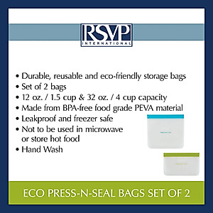 RSVP International Reusable Food Storage Collection ECO Seal Bags, Press-N-Seal, Blue/Green