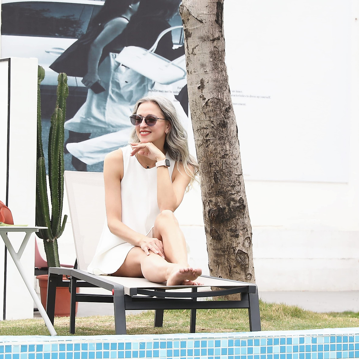 U ULAND Chaise Lounge Outdoor, Aluminum Outdoor Chaise Lounge Set of 2 Assemble-Free, Patio Lounger Poolside Lay Flat Sunbathing Adjustable Backrest Pool Lounge Chair