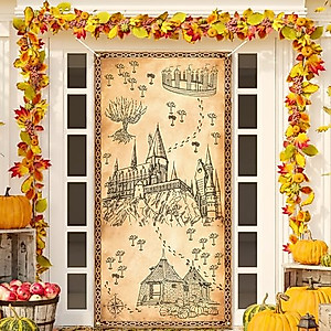 Magical Witch Wizard Halloween Door Cover Hogwarts Photo Backdrop Halloween Birthday Party Decorations and Supplies for Home