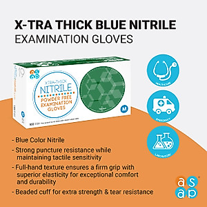 ASAP Blue Nitrile Powder Free Examination Gloves, Disposable, 4 mil, Medical, Food Safe, Tattoo, Cooking, Cleaning, Car – Medium, Case of 1000