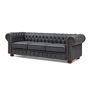 N NOORDENIYA Chesterfield Sofa, 89" Faux Leather Couch Upholstered Sofa with Low Back, Roll Arm Nailhead Trim Classic 3 Seater Sofa for Living Room, Home Furniture (Dark Gray)