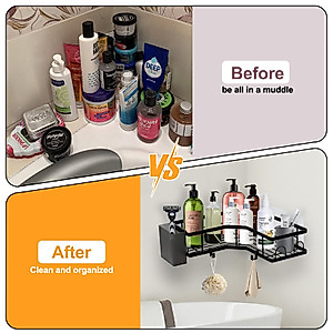 Adhesive Corner Shower Caddy, 2 Packs Shower Organizer Shelves No Drilling Stainless Steel Shower Storage Rack with Hooks & 2pcs Toothpaste Holders for Bathroom Rustproof, Space Saving (Black 5pcs)