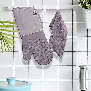 Professional microwave silicone oven mitts Yarn-dyed 1 pair and Kitchen Towels 2 pcs, kitchen lines set for heat resistant with 500 degrees, kitchen gloves pot holder for BBQ cooking baking (Purple)