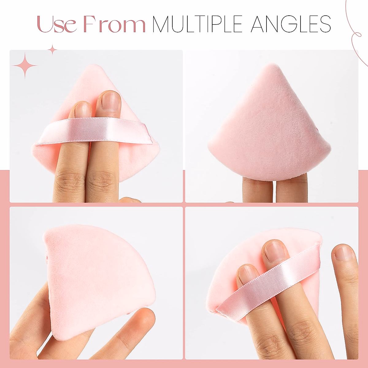 MOTZU 12 Pieces Pure Cotton Powder Puff, Made of Cotton Velour in Triangle Wedge Shape Designed for Contouring, Under Eyes and Corners, 2.76 inch Normal Size, with Strap, Makeup Tool For Cosmetic