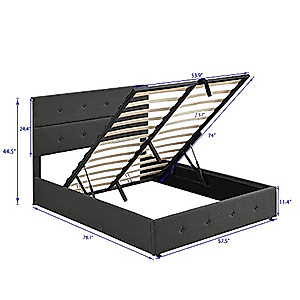 Lift Up Bed with Storage, Platform Bed Frame Full Size with Headboard, Lift Up Storage Bed with, Full Upholstered Bed with Hydraulic Storage System, Grey（Button-Tufted）