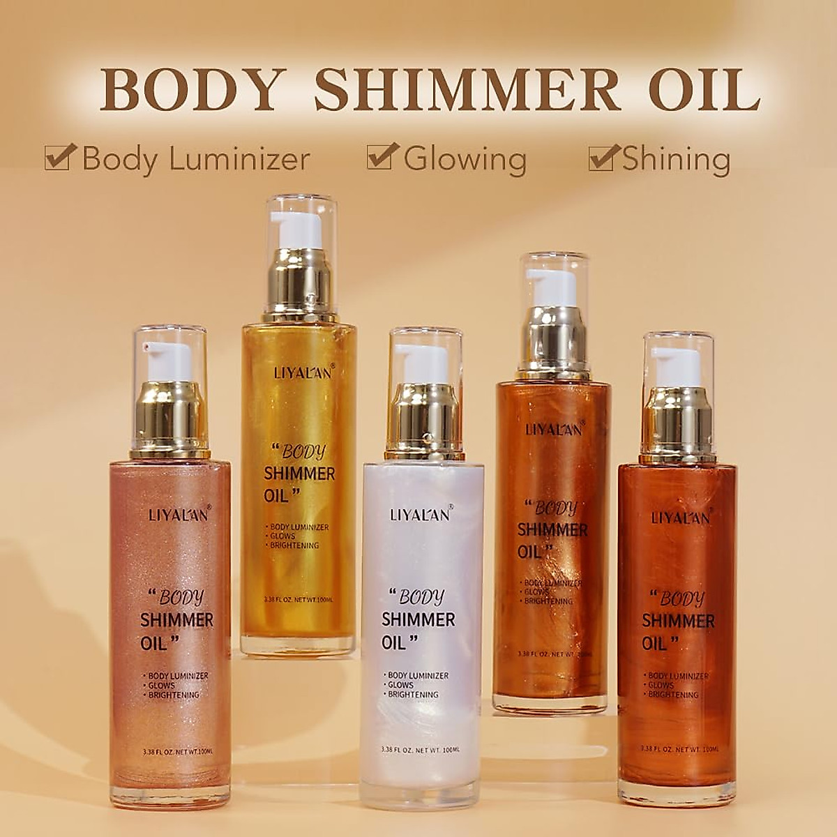 Liyalan Shimmer Body Oil Bronze Gold 5 Color Bronze Face Glow Pearl Highlighter Illuminator body Makeup Shine Glitter Gold Liquid Taning(3.38 Fl Oz/03)