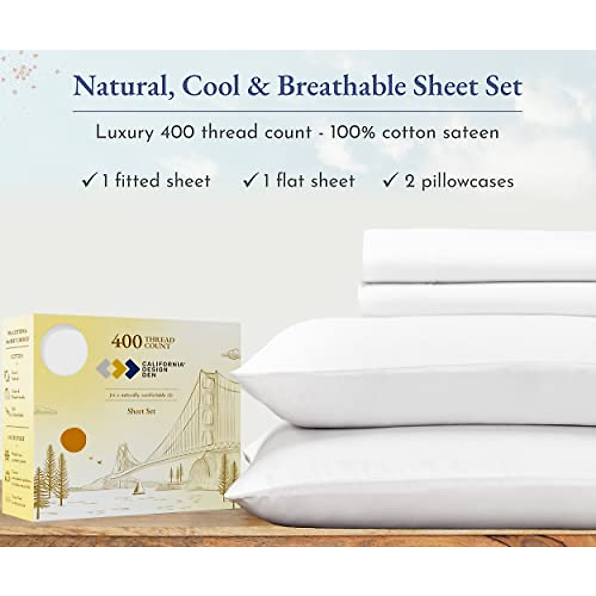 California Design Den Full Size Sheet Sets, Natural 100% Cotton Sheets, Soft Luxury 400 Thread Count Sateen 4 Pc Bedding Sheets & Pillowcase Set, Deep Pocket Cooling Sheets (Bright White Sheets)