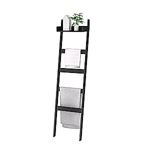 WTZ Blanket Ladder, 5-Layer Towel Racks, with Shelf Board, Blanket Holder with Anti-Slip Construction Home Decor, Decorative Blanket, Quilt, Towel, Scarf Ladder Shelves for, Bedroom, Bathroom, Black