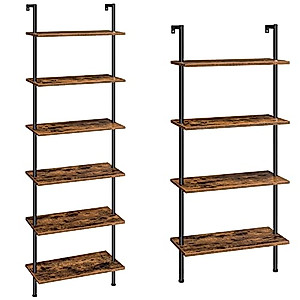 HOOBRO 6-Tier DIY Ladder Shelf and 4-Tier Wall Mounted Bookshelf Bundle, Office Vertical Bookcase Wooden Storage Shelves for Home Office, Bedroom, Rustic Brown and Black BF65CJ01-BF43CJ01