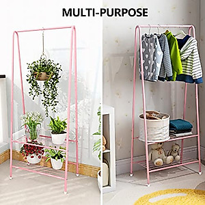 Jecpuo Clothes Rack with Shelves Heavy Duty Metal Garment Rack for bedroom clothing rack (Pink)