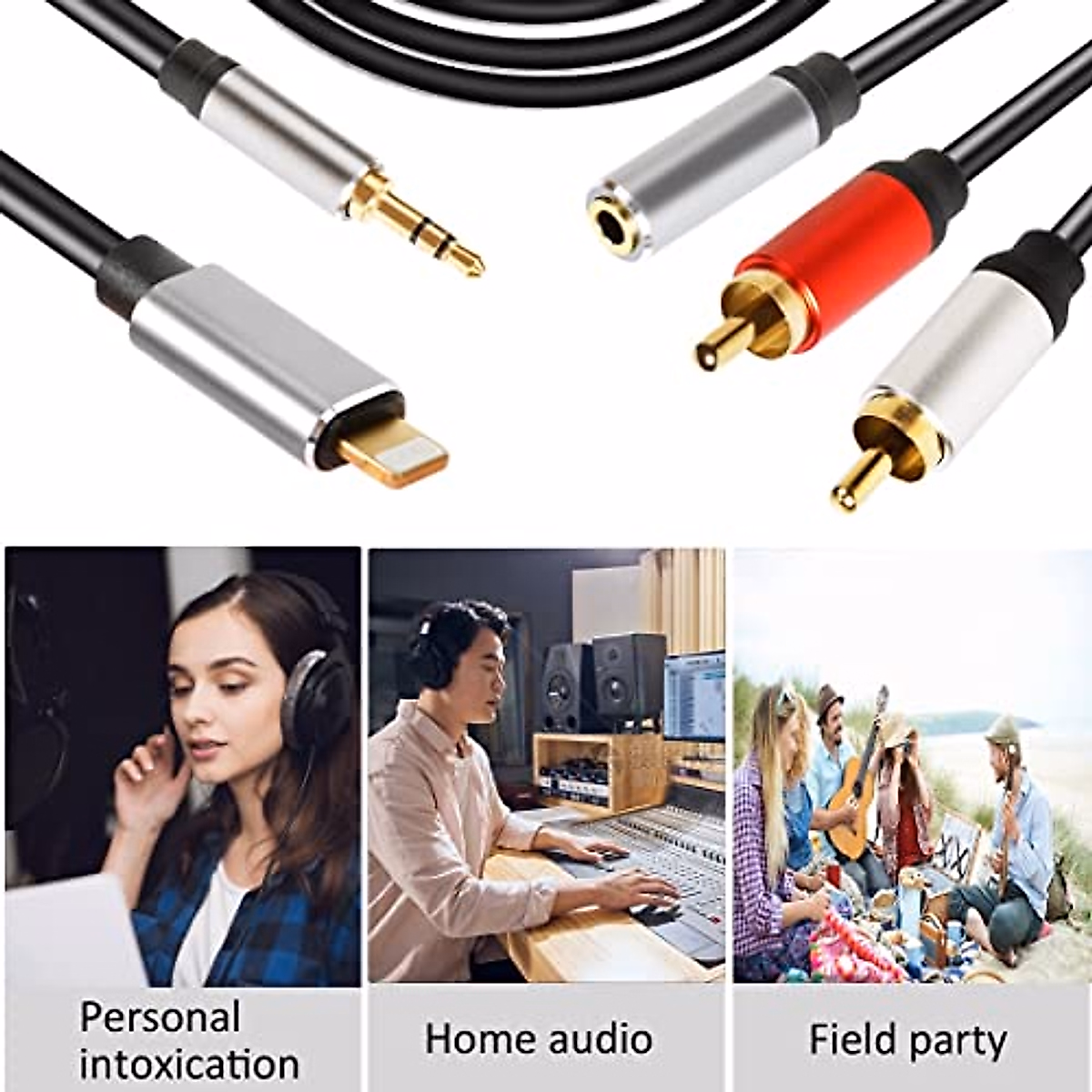 2-in-1 Audio Cable-iOS Port to 3.5mm Plug Cable and Female 3.5mm aux-in to RCA Stereo Adapter Cord Compatible with iPhone/iPod/iPad to Headphone, Car, Speaker, Amplifier, Home Theater etc.(5.9ft)
