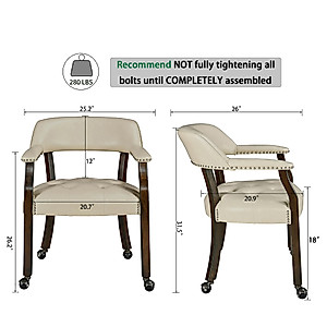 Large Dining Chairs with Wheels and Arm , Caster Boss Caption's Chairs with Solid Wood Leg, Office Desk Chairs with Button Upholstered, Classic Swivel Chair, 31.5”H Brown Leg & Beige XXY1910BG