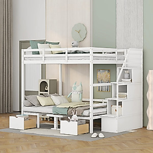 MERITLINE Full Loft Bed with Stairs and Desk, Wooden Full Loft Bed with Desk, Bunk Bed Full with Convertible Seats and Table Set Underneath for Kids Girls Boys Teens,White