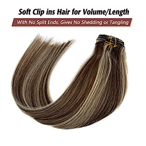 Clip in Hair Extensions Real Human Hair, 15 Inch 7PCS Human Hair Clip in Extensions Brown and Blonde Highlights Thick Full Brown Hair Extensions with Blonde Highlights Clip ins, Lightweight to Wear