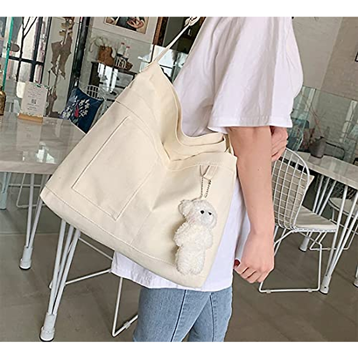 Kehpish Economical Cotton Tote Bag, Reusable Womens Canvas Tote Bag with 3 External Pocket, Top Zipper Closure White