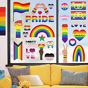 Mfault Gay Pride LGBTQ Rainbow Window Clings 4 Sheets, Progress Pride Flag Equality Diversity Love Hearts Stickers Decals Decorations, Lesbian Pansexual Bisexual Pride Month Home Kitchen Decor