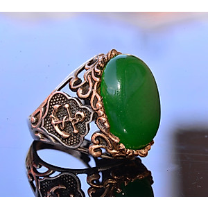 KAMBO Real Tiger Eye Gemstone Ring, Anchor Ring, Sailor Men Ring, 925 Solid Sterling Silver Ring (Jade)
