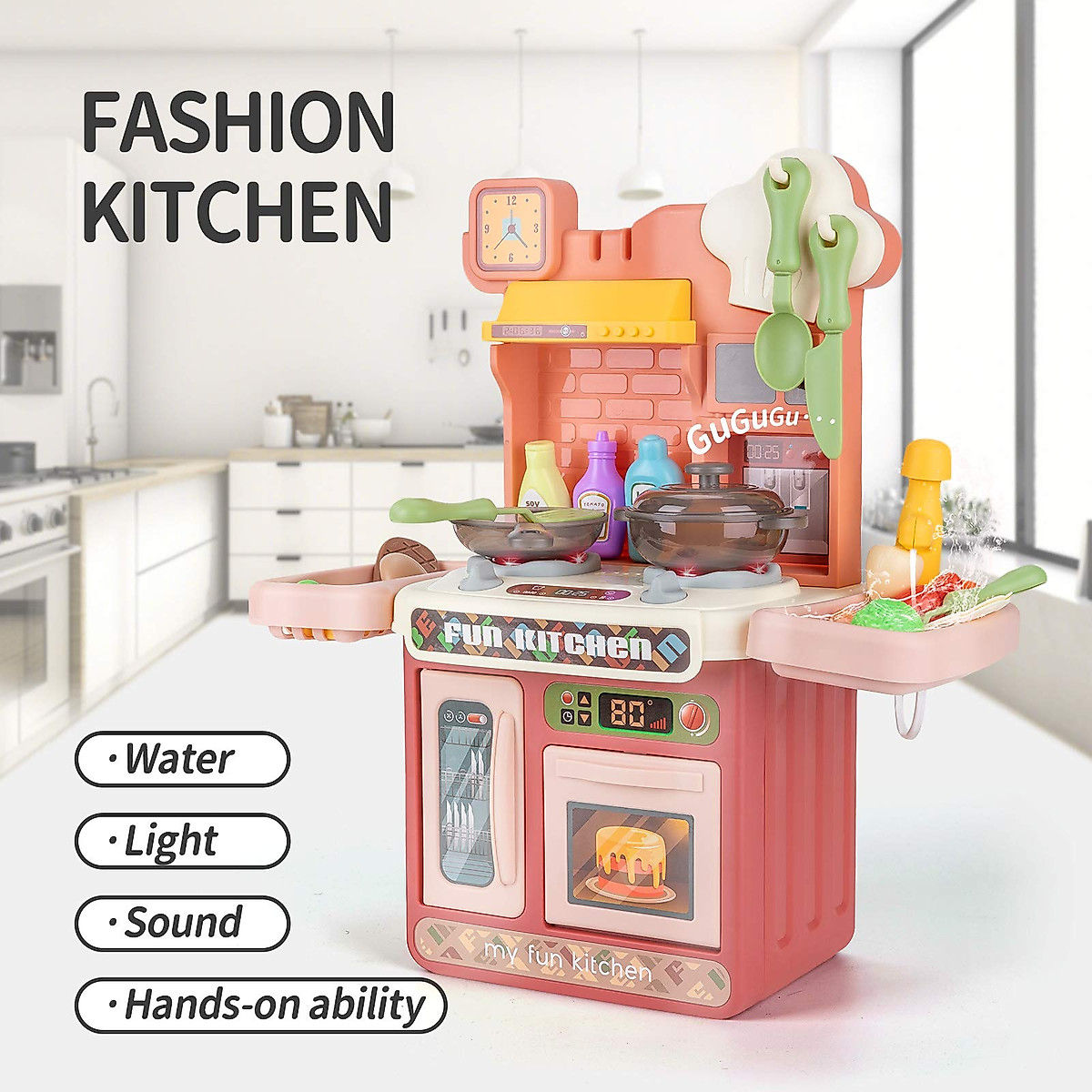 Mujiya Play Kitchen Set for Kids, Kitchen Toys with Real Sounds & Lights, Play Sink, Cooking Stove, Pretend Play Kitchen Food Toys, 24Pcs Kitchen Playset for Toddlers Ages 4-8, Gift for Boys and Girls
