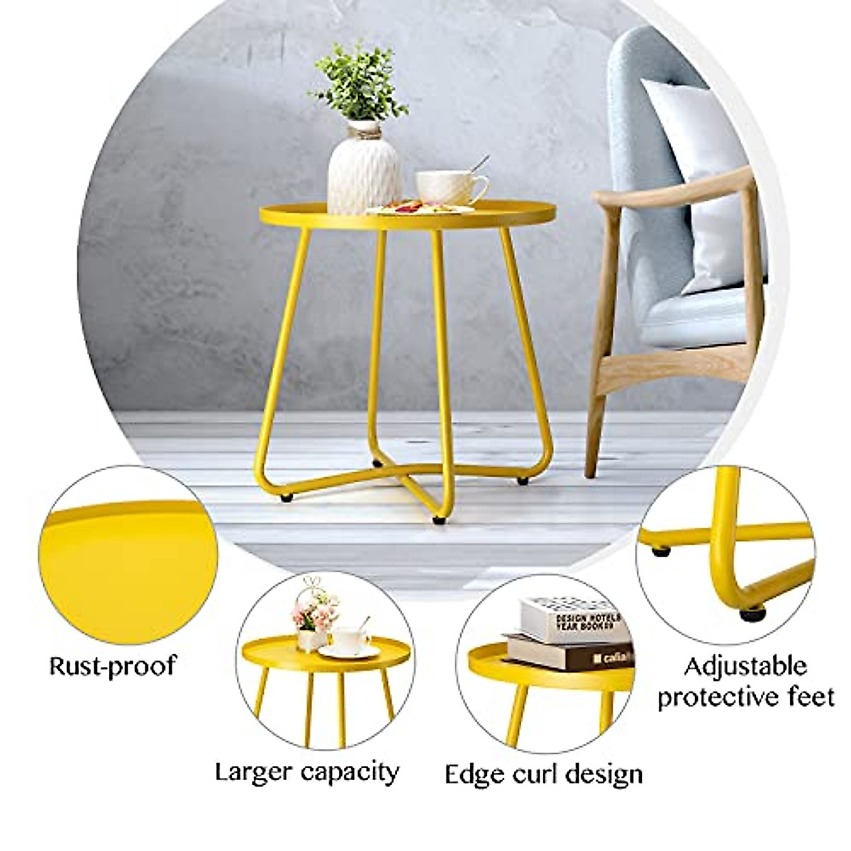 danpinera Outdoor Side Tables, Weather Resistant Steel Patio Side Table, Small Round Outdoor End Table Metal Side Table for Patio Yard Balcony Garden Bedside Yellow