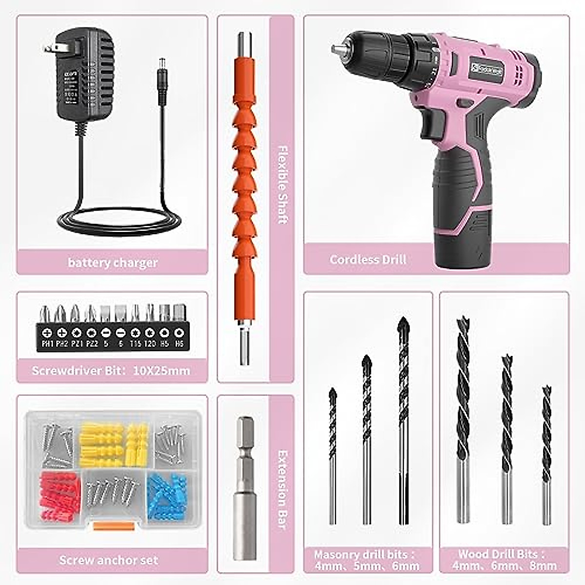 FADAKWALT Cordless Drill Set,12V Power Drill Set with Battery and Charger, compact Driver/Drill Bits, 3/8'' Keyless Chuck,21+1 Torque Setting, 180 inch-lbs, with LED Electric Drill Set（pale Pink）