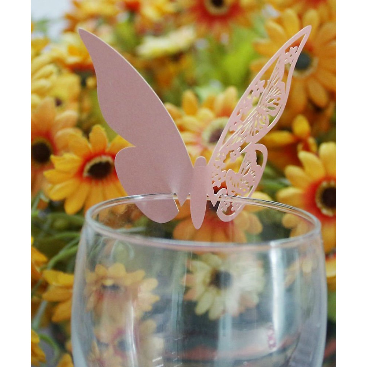 AKOAK Pearlized Paper Butterfly Table Number Place Card Name Card Wine Glass Cup Decoration Wall Decals Sticker for Wedding Party Favor Decor,50 Counts (Pink)