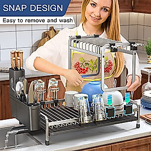 Dish Drying Rack, Aluminum 2-tier Multifunctional 7-in-1 Dish Racks for Kitchen Counter with Drainboard, Rustproof Detachable Large Capacity Dish Drainer with Wine Glass Holder, Utensil&knife Holder