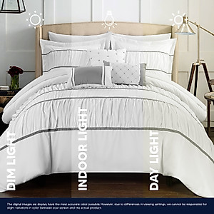 Chic Home Cheryl 10 Piece Comforter Complete Bag Pleated Ruched Ruffled Bedding with Sheet Set and Decorative Pillows Shams Included, Queen, White