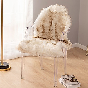 Carvapet Luxury Soft Faux Sheepskin Chair Cover Seat Cushion Pad Plush Fur Area Rugs for Bedroom, 2ft x 3ft, White with Brown Tips