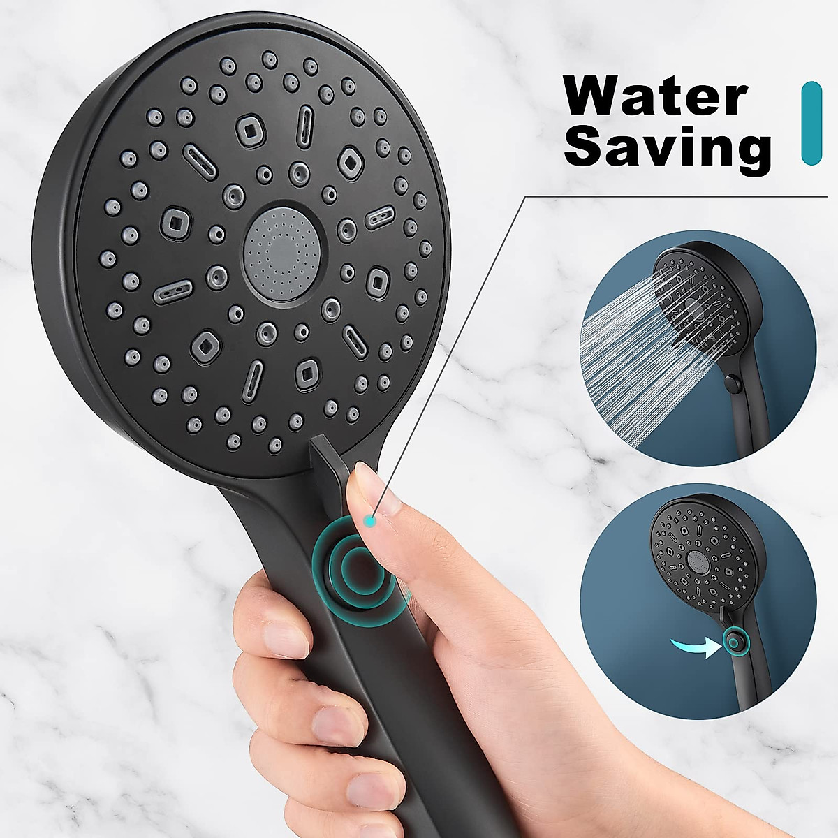 Heemli 12 Functions Shower Head with handheld, Hand held Shower with ON/OFF Pause Switch, High Pressure Shower Head Set with Hose Adjustable Bracket Rubber Washers - Black - U.S. Design Patents
