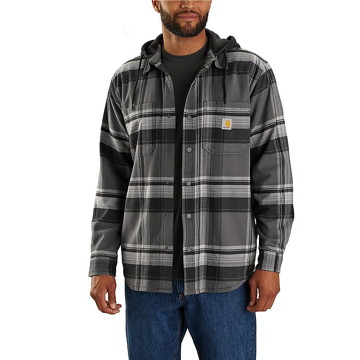 Carhartt Men's Rugged Flex Relaxed Fit Flannel Fleece Lined Hooded Shirt Jac, Black