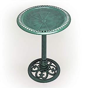 Alpine Corporation 28" Tall Outdoor Birdbath with Scrollwork Decoration Yard Statue, Green