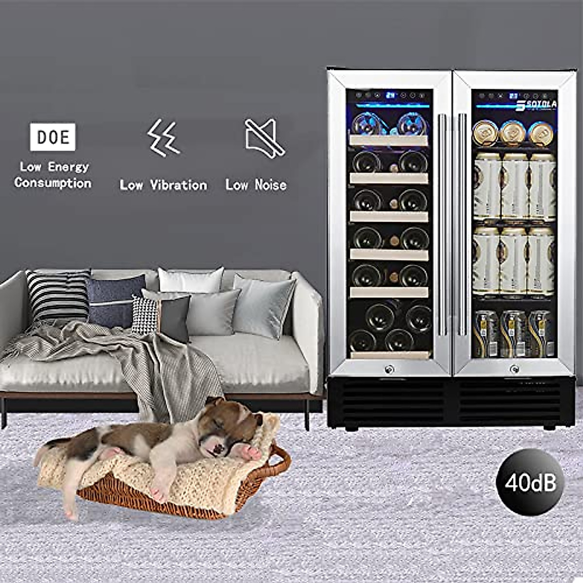 24'' Wine and Beverage Cooler Refrigerator-Dual Zone Built-in or Freestanding Fridge with Stainless Steel Tempered Double Glass Door and Temperature Memory Function Holds 19 Wine Bottles &57 Csans