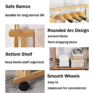 MOUTIK Wood Rolling Clothes Hanging Rack: Heavy Duty Double Rods Clothing Garment Racks - Bamboo Coat Hanger Organizer on Lockable Wheels with Shoes Shelf for Storage Display