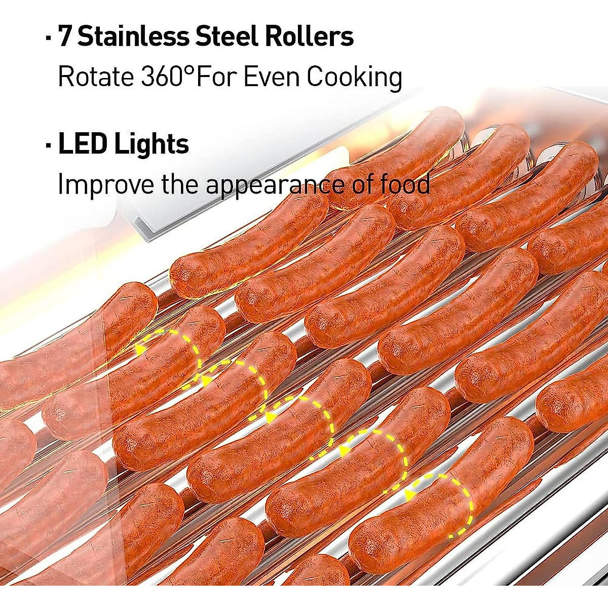 TREEYX 7 Roller Grill Hot Dog Warmers Cooker Machine Stainless Steel with Dual Temp Control, Detachable Acrylic Cover LED