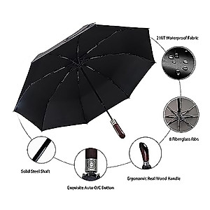 ALFROTEY Compact Travel Umbrella with Real Wood Ergonomic Handle Portable Automatic Open and Close Windproof Umbrella for Rain Small Folding Car Umbrella (Black, M)